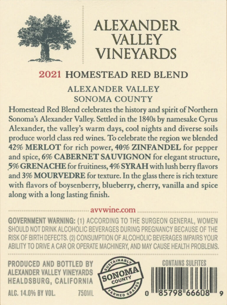 AVV Homestead Red Blend 2021 back label - Alexander Valley Vineyards